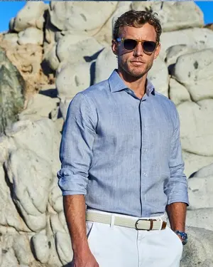 David Donahue Trim Fit Linen Herringbone Dress Shirt - Denim