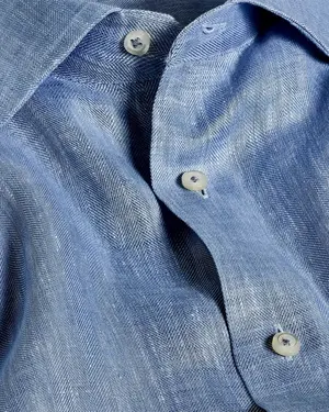 David Donahue Trim Fit Linen Herringbone Dress Shirt - Denim