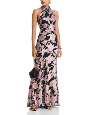 Aqua Floral Burnout Chiffon Gown