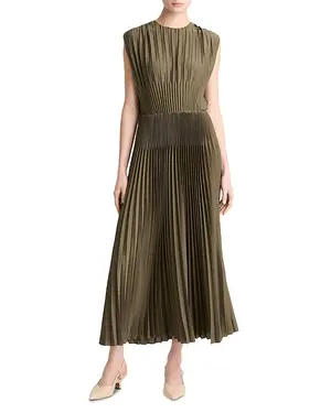 Vince Chevron Pleated Round Neck Dress - Sea Vine