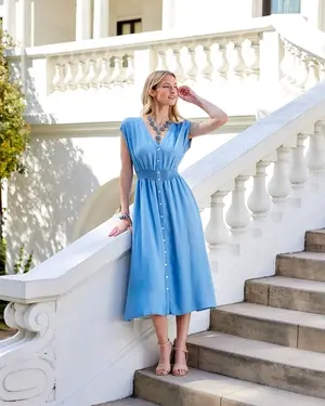 Karen Kane Smocked Waist Button-up Midi Dress