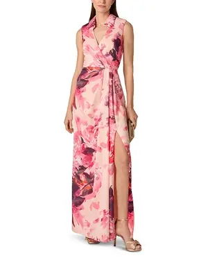 Aidan Mattox Floral Print Collared Gown - Pink Multi