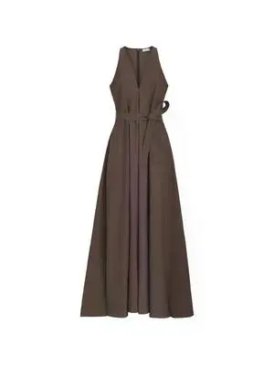 Brunello Cucinelli Techno Cotton Poplin Belted Maxi Dress - Brown