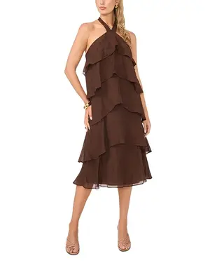 Vince Camuto High Neck Tiered Midi Dress - Mocha
