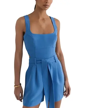 REISS Dion Square Neck Romper - Blue