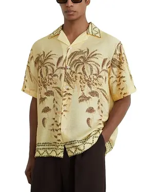 REISS Camino Palm Print Shirt - Yellow