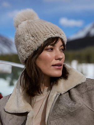 Overland Knitted Mink Fur Beanie Hat With Fox Fur Pom - Greige
