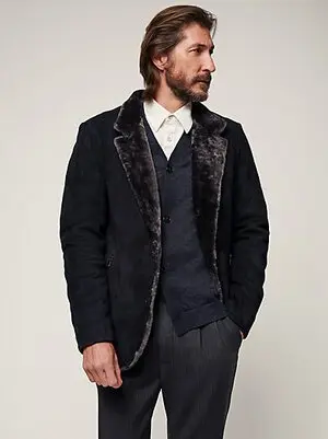 Overland Austin Suede Leather Blazer With Shearling Lining - Navy/grey