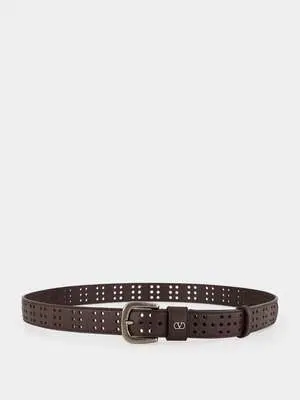 Valentino Garavani Mini Vlogo Signature Perforated Leather Belt - Brown