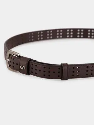 Valentino Garavani Mini Vlogo Signature Perforated Leather Belt - Brown