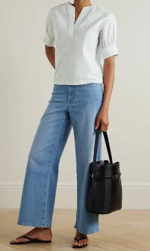 FRAME Striped V-neck Shirt With Pleated Cuffs