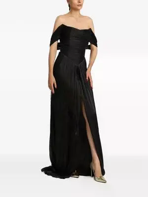MIAU BY CLARA ROTESCU Athena Pleated Off-shoulder Maxi Dress