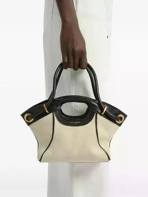 Balmain Small Tote In Smooth Leather And Canvas - Neutrals