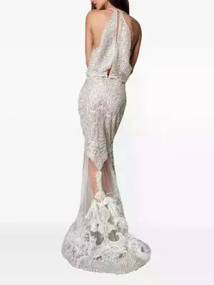 IMROSKA Embellished Feather-trim Halterneck Dress