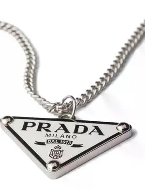 Prada Enameled Metal Triangle Logo Necklace
