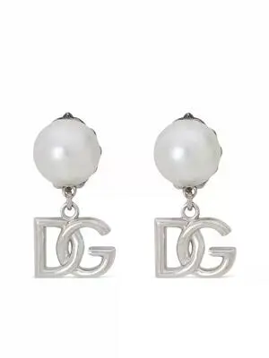 Dolce & Gabbana Dg Logo Pearl Embellished Drop Earrings - Silver