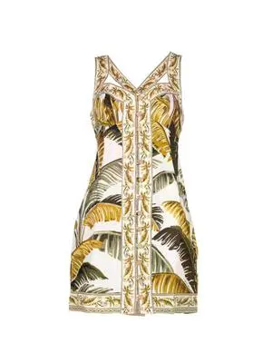 Farm Rio Leaf Print Sweetheart Neck Mini Dress