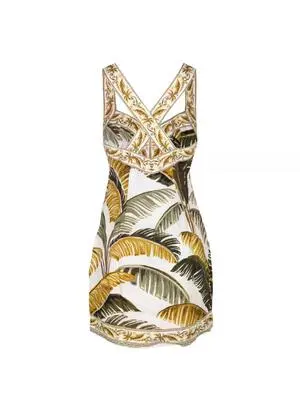 Farm Rio Leaf Print Sweetheart Neck Mini Dress