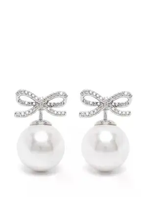 SELF-PORTRAIT Crystal Embellished Bow Pearl Earrings - Silver