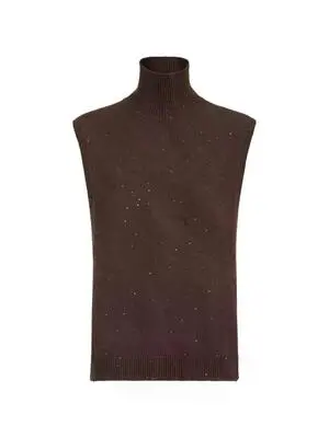 Brunello Cucinelli Sequin Embellished Roll Neck Sleeveless Sweater - Brown