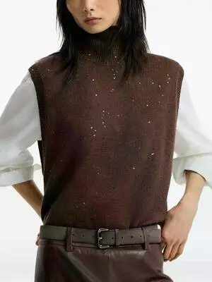 Brunello Cucinelli Sequin Embellished Roll Neck Sleeveless Sweater - Brown