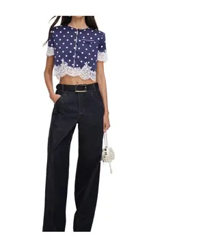 SELF-PORTRAIT Navy Polka Dot Satin Top - Black