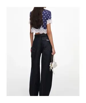 SELF-PORTRAIT Navy Polka Dot Satin Top - Black