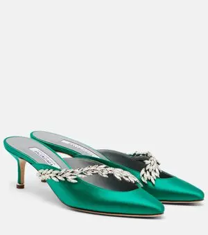 Balenciaga X Manolo Blahnik Embellished Satin Mules - Green