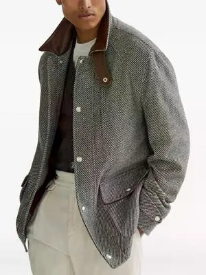 Brunello Cucinelli Cashmere And Silk Diagonal Field Jacket With Nappa Leather Inserts
