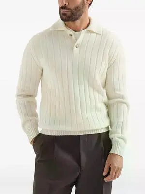 Brunello Cucinelli Cashmere Ribbed Knit Long Sleeve Polo - Neutrals
