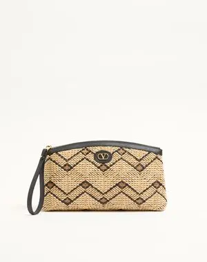 Valentino Garavani Raffia Clutch Bag With Geometric Pattern - Natural/black