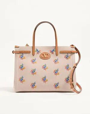 Valentino Garavani Valentino Garavani Embroidered Canvas Antibes Shopping Bag Natural/multicolour