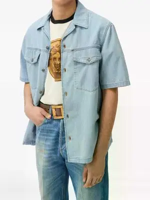 Versace Embroidered-logo Denim Cotton Shirt