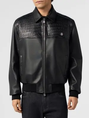 BILLIONAIRE Leather Bomber Jacket With Classic Collar And Zip Closure - Black