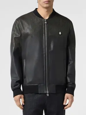 BILLIONAIRE Leather Bomber Jacket With Monogram Pattern And Applied Logo - Black