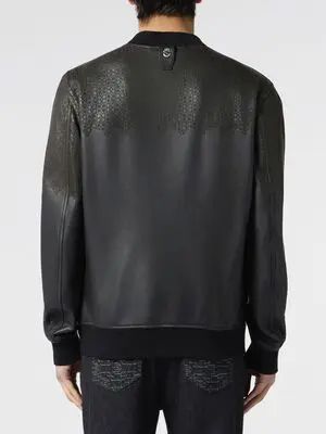 BILLIONAIRE Leather Bomber Jacket With Monogram Pattern And Applied Logo - Black