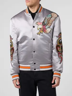 Philipp Plein Embroidered Satin Bomber Jacket - Grey