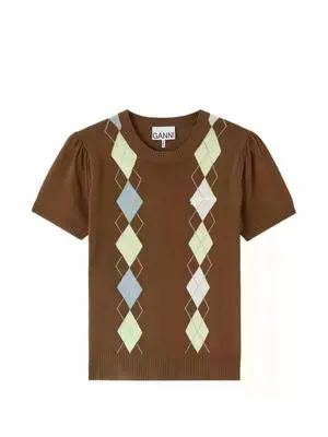 GANNI Argyle Puff-sleeve T-shirt - Brown