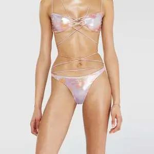 DIESEL® Strappy Metallic Floral Print Bikini Bottoms - Violet