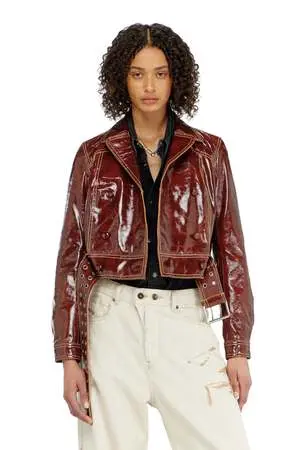 DIESEL® Patent Leather Cropped Jacket With Belt - Red