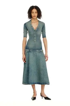 DIESEL® Drop-waist Midi Dress In Knit And Denim - Blue