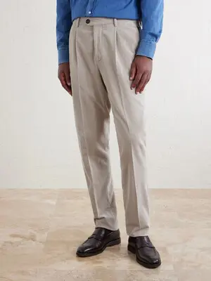 Brunello Cucinelli Tapered Pleated Cotton-corduroy Trousers - Neutrals