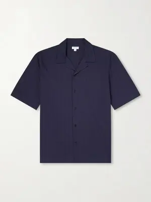Sunspel Camp-collar Textured-cotton Shirt - Blue