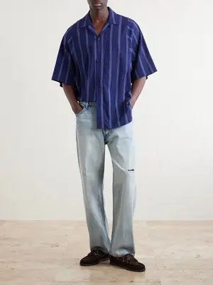 KARDO Yusuke Camp-collar Striped Cotton Shirt - Blue