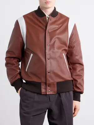 Golden Bear Perforated Leather Varsity Jacket - Brown
