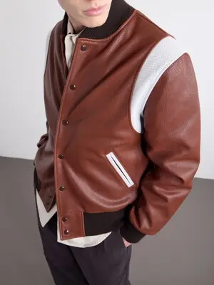 Golden Bear Perforated Leather Varsity Jacket - Brown
