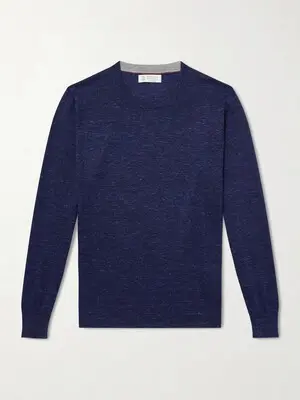 Brunello Cucinelli Cashmere, Silk And Linen-blend Crew Neck Sweater - Blue