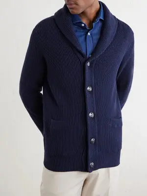 Brunello Cucinelli Shawl Collar Ribbed Cotton Cardigan