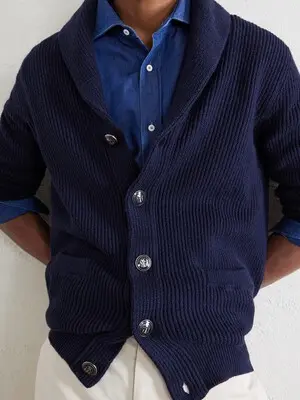 Brunello Cucinelli Shawl Collar Ribbed Cotton Cardigan