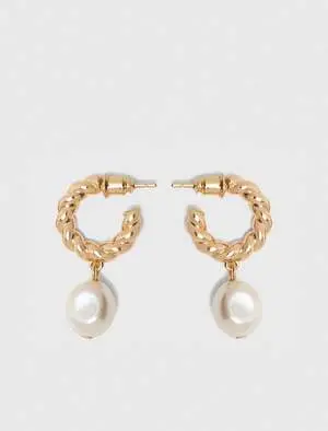 Maje Twisted Bead Hoop Earrings With Dangling Pearl - Golden
